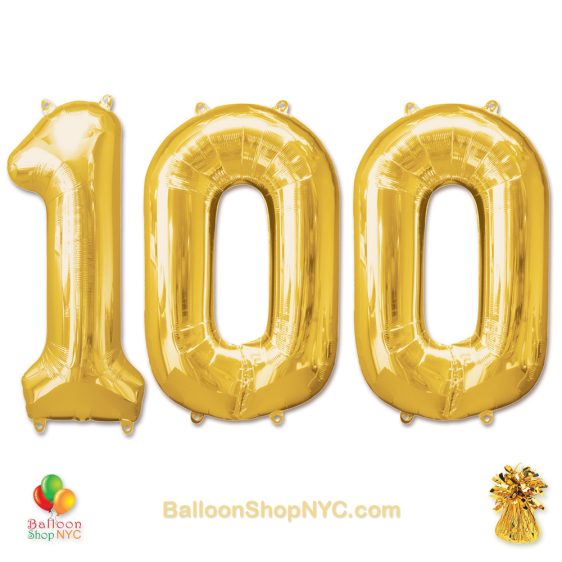 100 Birthday Jumbo Number Foil Balloons Set Gold 40 inch | Balloon Shop NYC